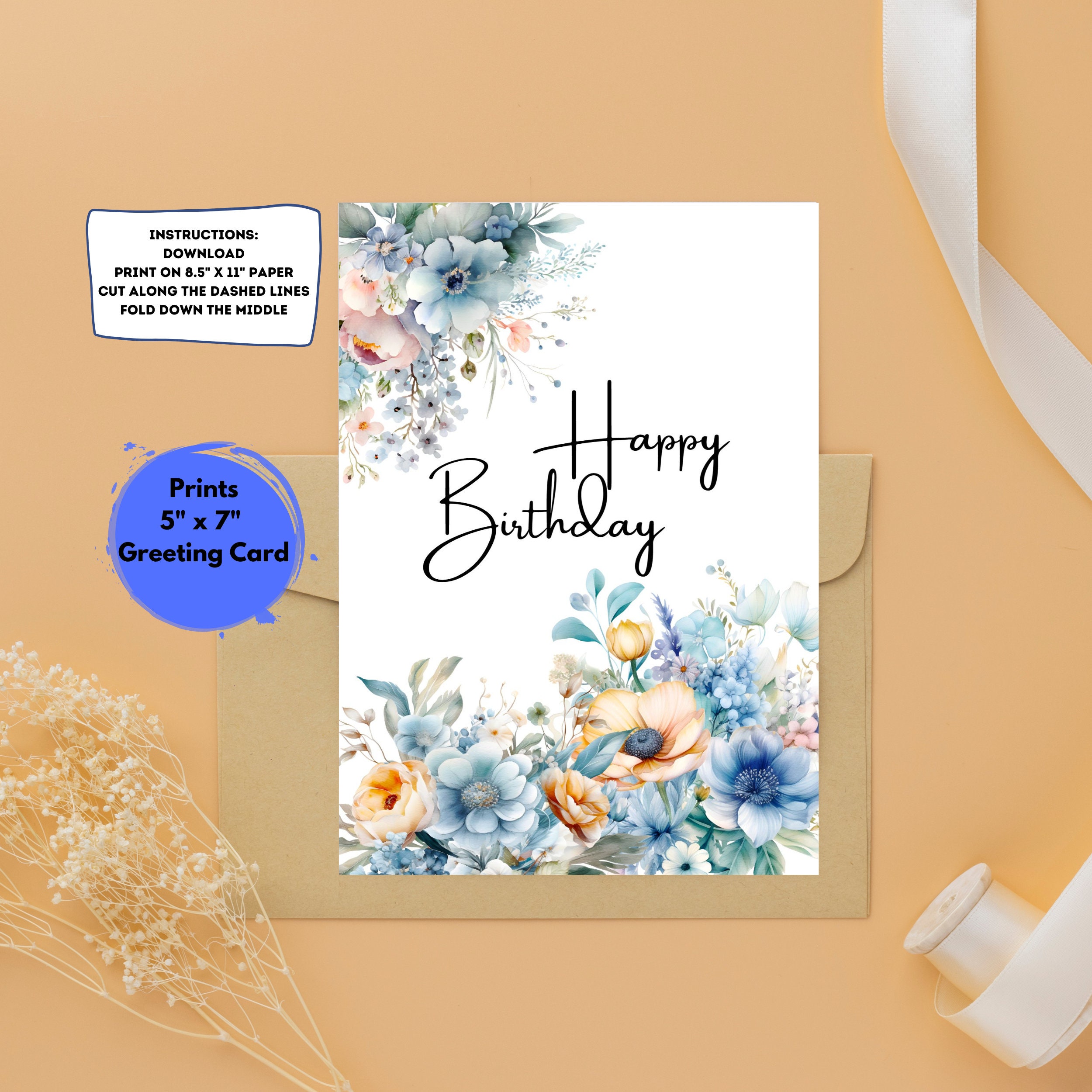 Happy Birthday Printable Card, Blue Flower Birthday Printable Card ...