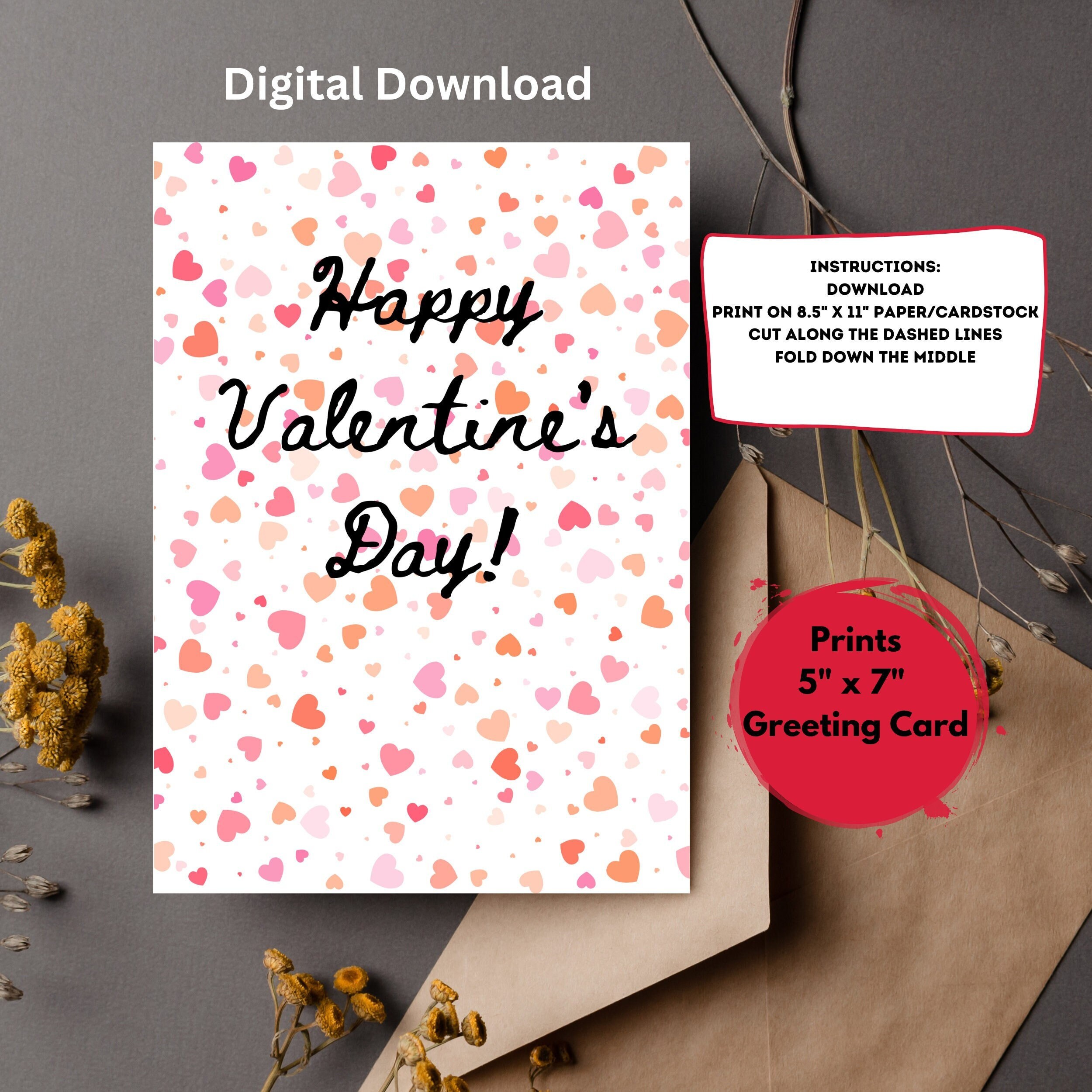 Printable Valentine Card, Printable Heart Valentine's Day Card ...