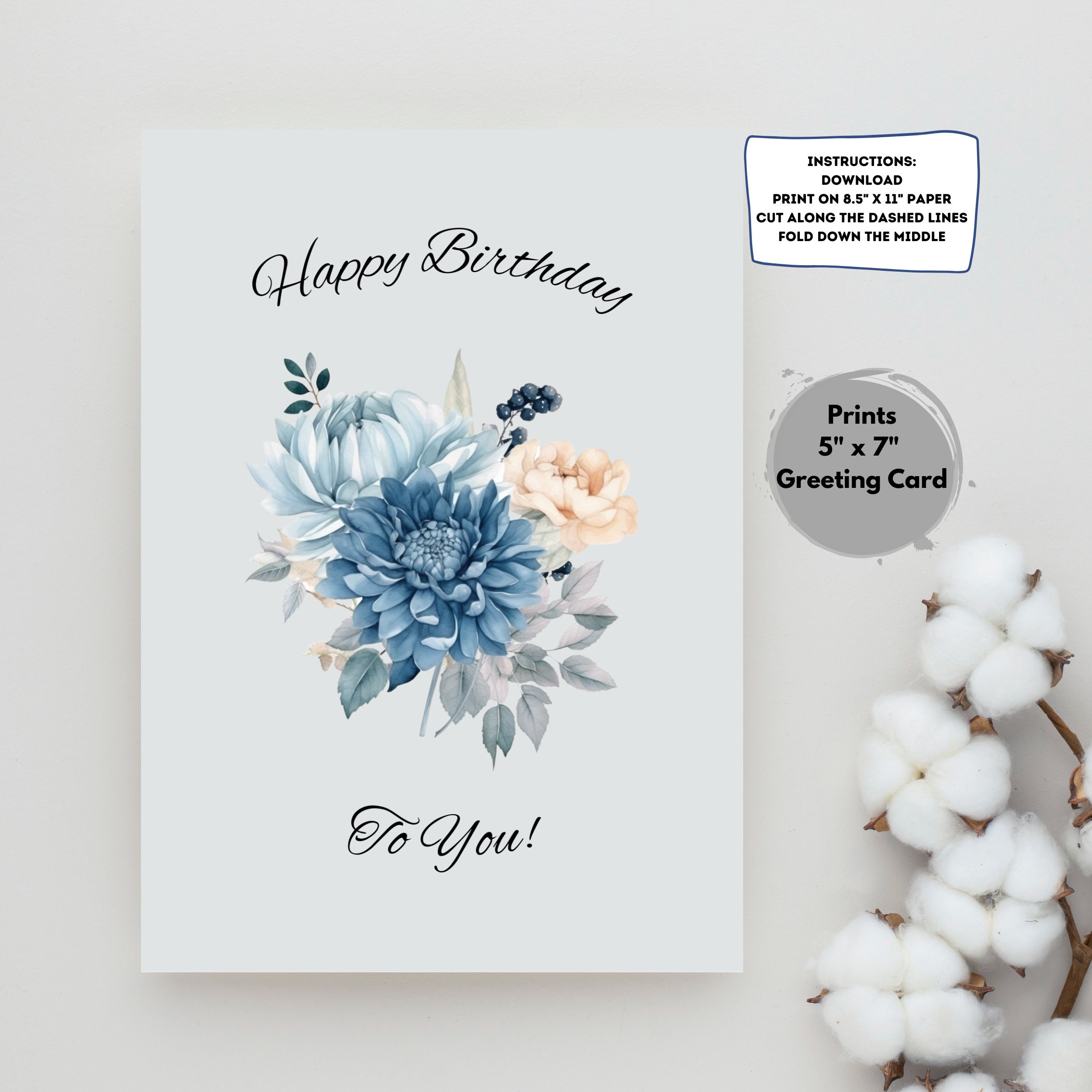 Happy Birthday Printable Card, Blue Flower Birthday Printable Card ...