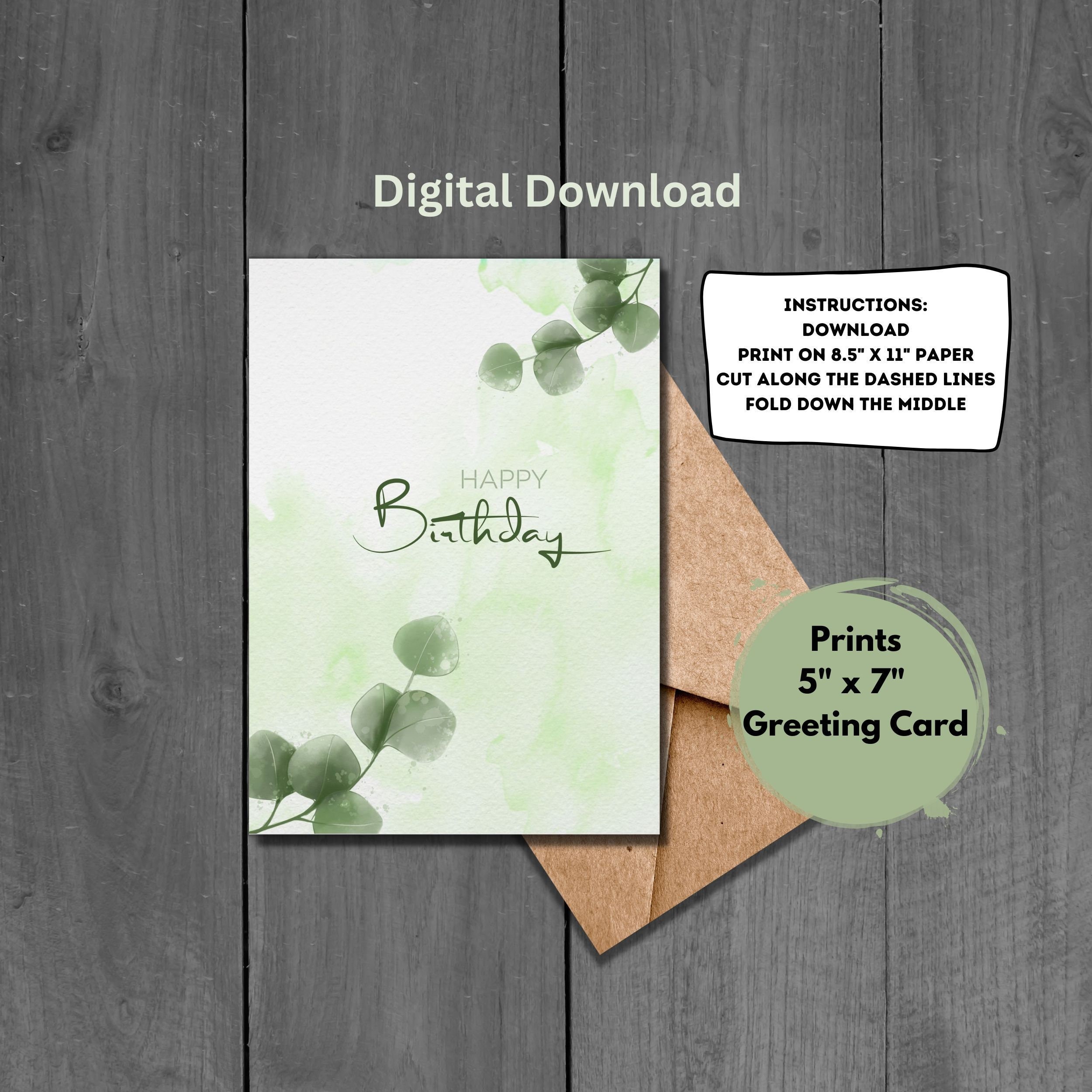 Happy Birthday Printable Card, Green Leaf Birthday Printable Card, Cute ...