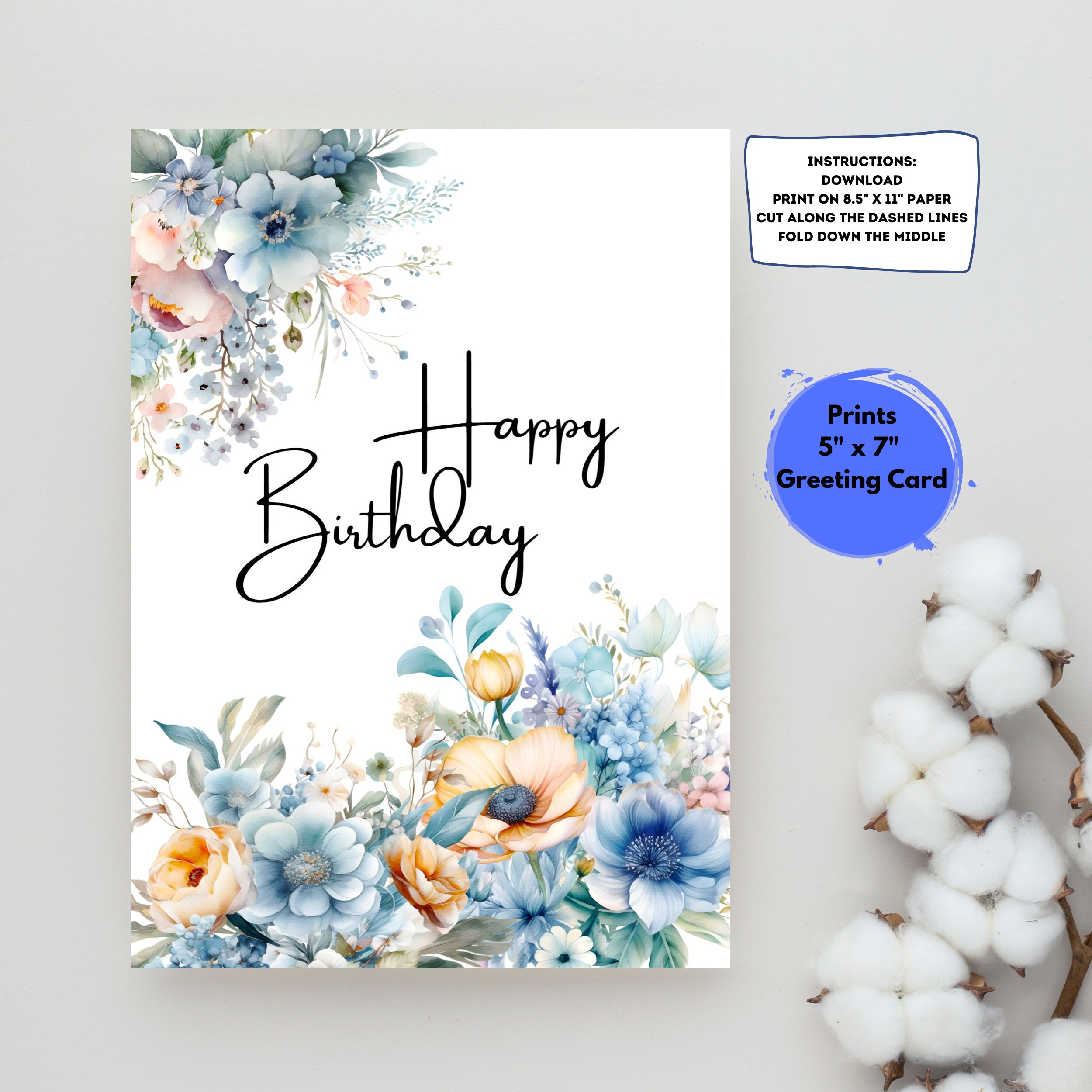 Happy Birthday Printable Card, Blue Flower Birthday Printable Card ...