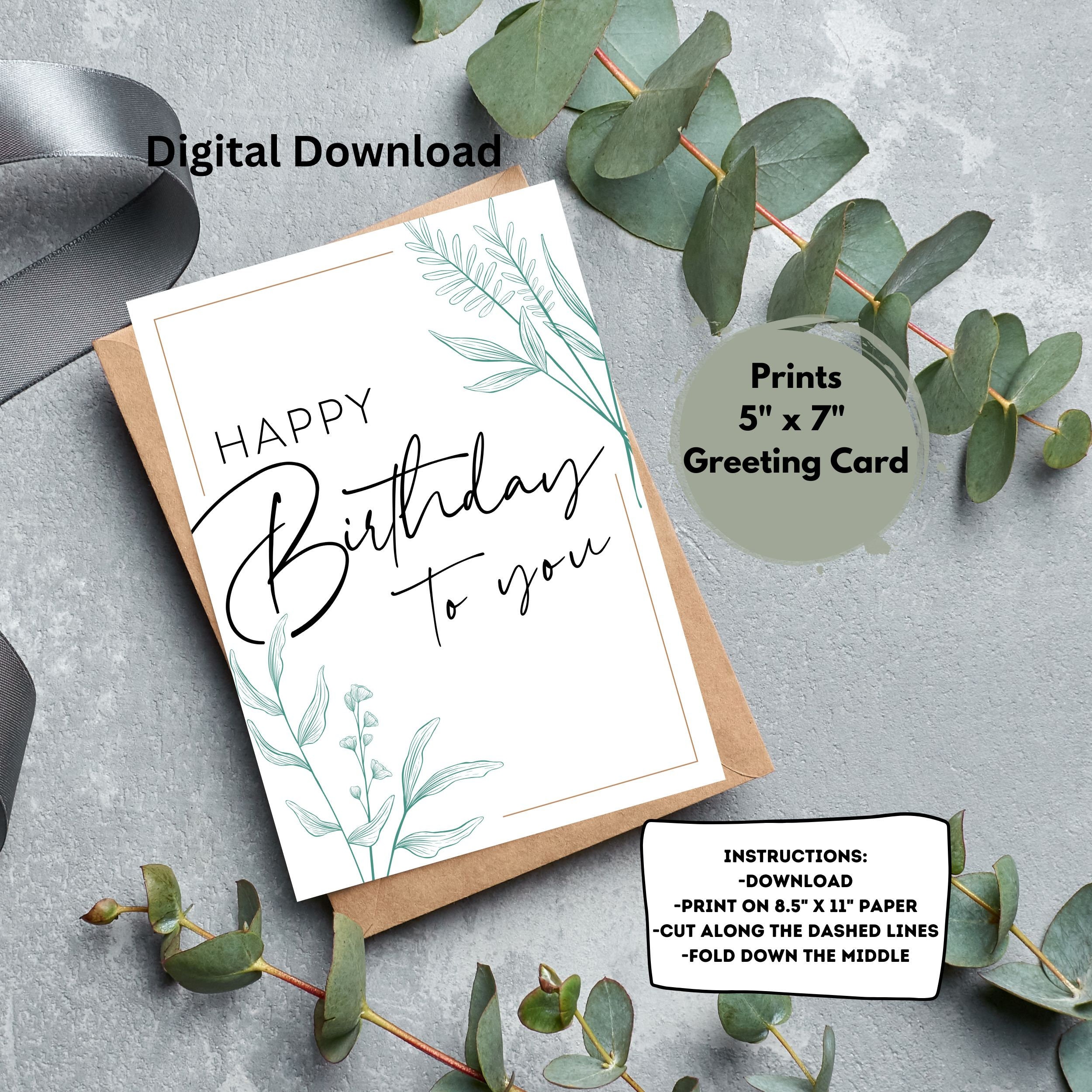 Happy Birthday Printable Card, Leaves Birthday Printable Card, Cute ...