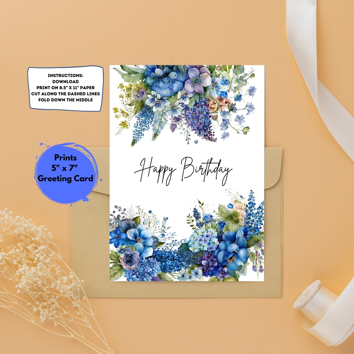 Happy Birthday Printable Card, Blue Flower Birthday Printable Card ...