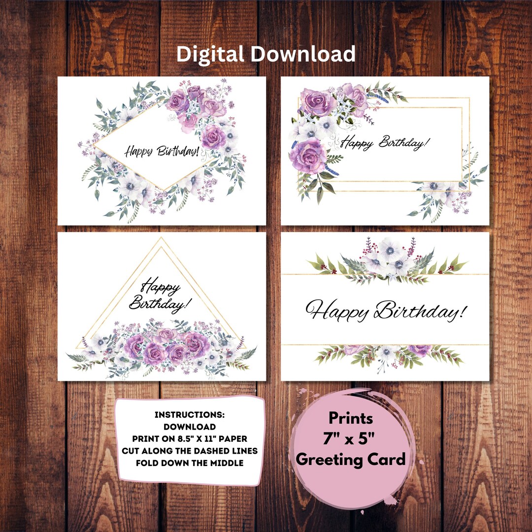 Set of 4 Printable Birthday Cards | Floral Birthday Cards | INSTANT ...
