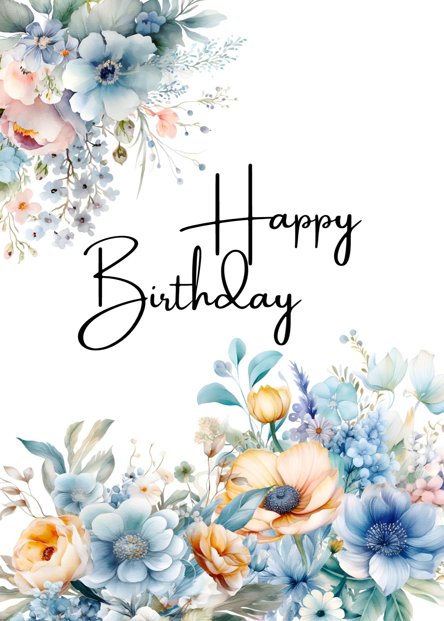 Happy Birthday Printable Card, Blue Flower Birthday Printable Card ...