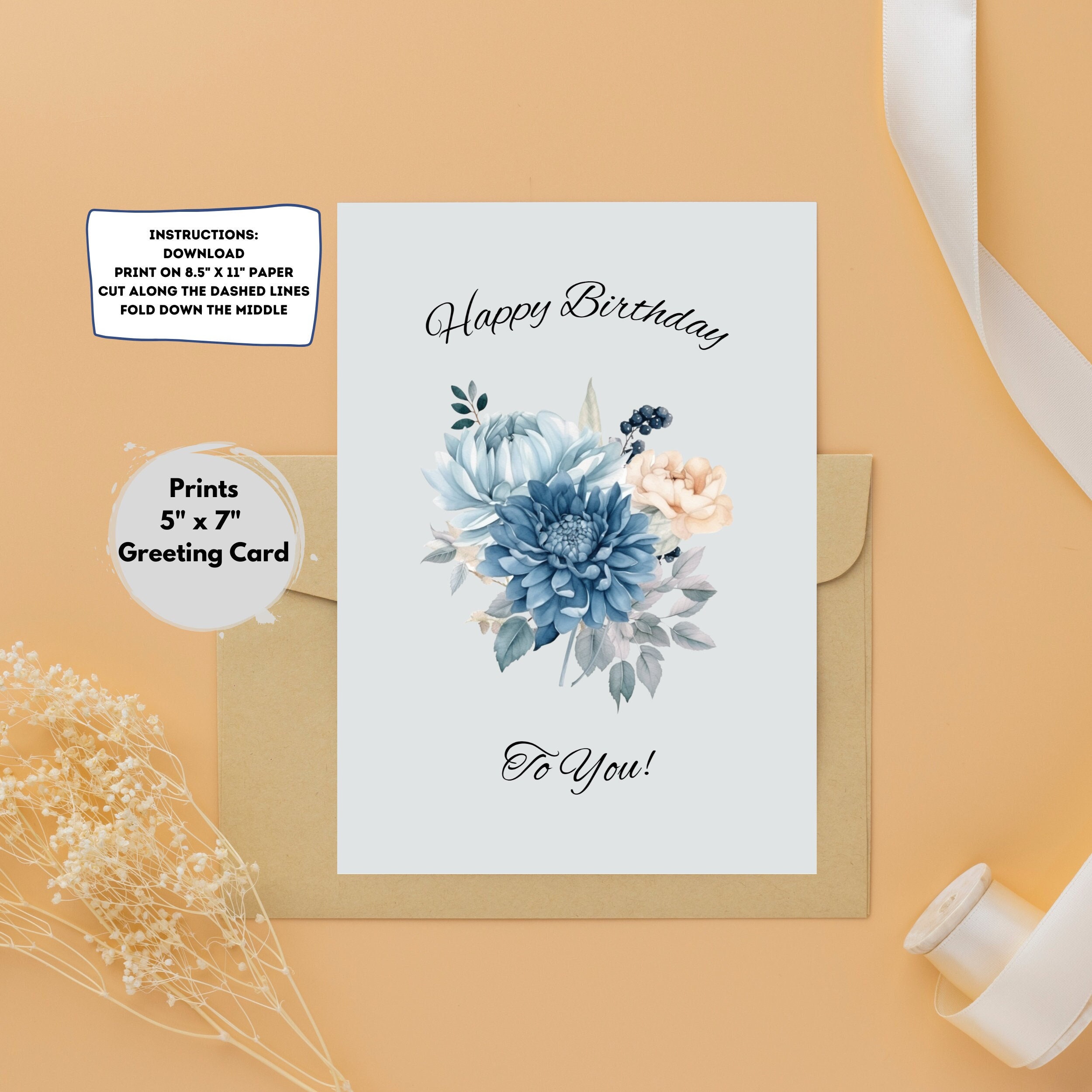 Happy Birthday Printable Card, Blue Flower Birthday Printable Card ...