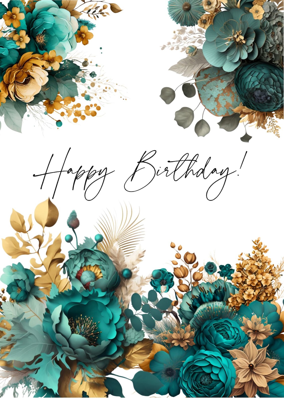 Happy Birthday Printable Card, Teal Gold Flower Birthday Printable Card ...