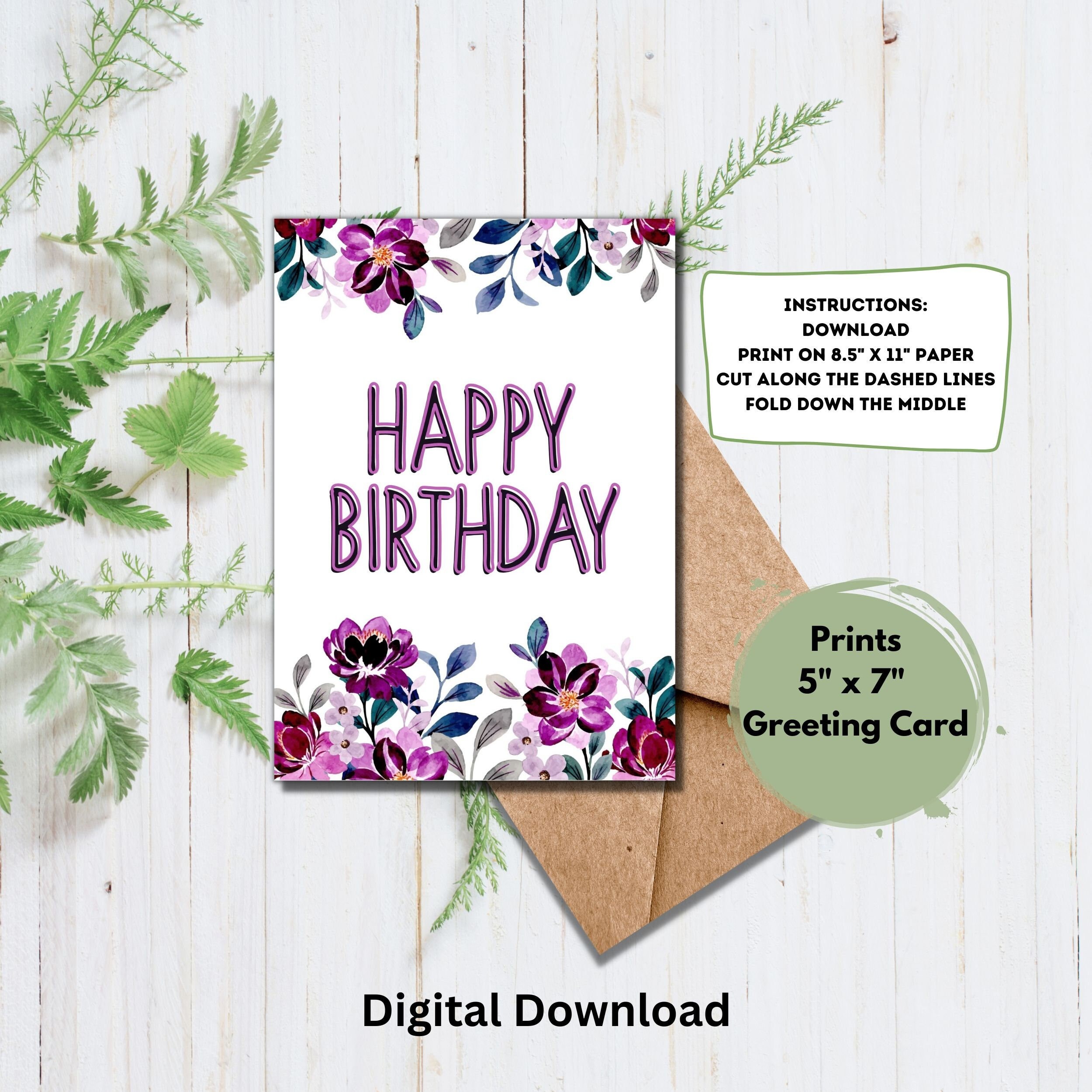 Happy Birthday Printable Card, Purple Flower Birthday Printable Card ...