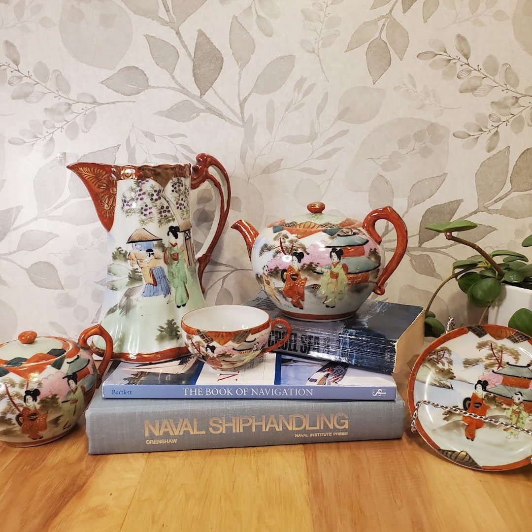 Antique Japanese Tea Set, Meiji Kutani Japanese Gold Moriage Eggshell ...