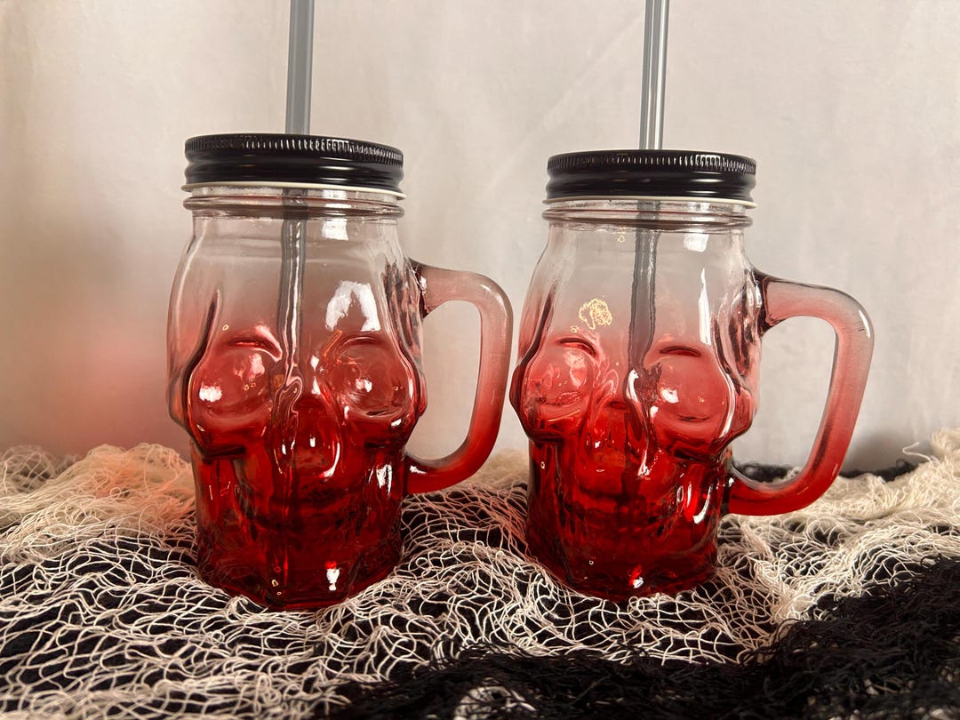 Vintage Red Glass Skull Mugs With Lids and Straws Two-tone Glass Sold ...
