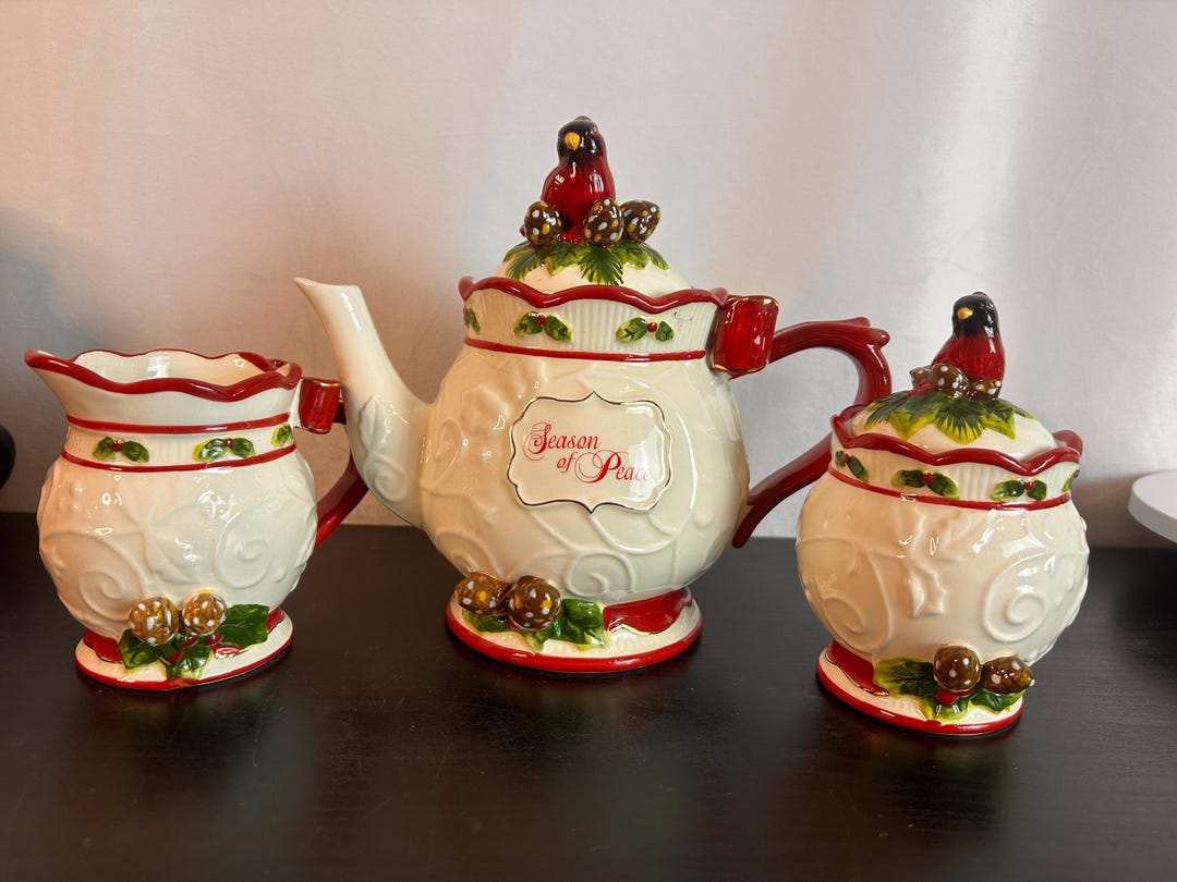 Vintage Christmas Winter Tea Set Cardinals and Holly Teapot Cream and ...