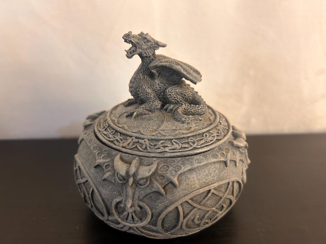 Vintage Stone Dragon Round Container With Lid - Etsy