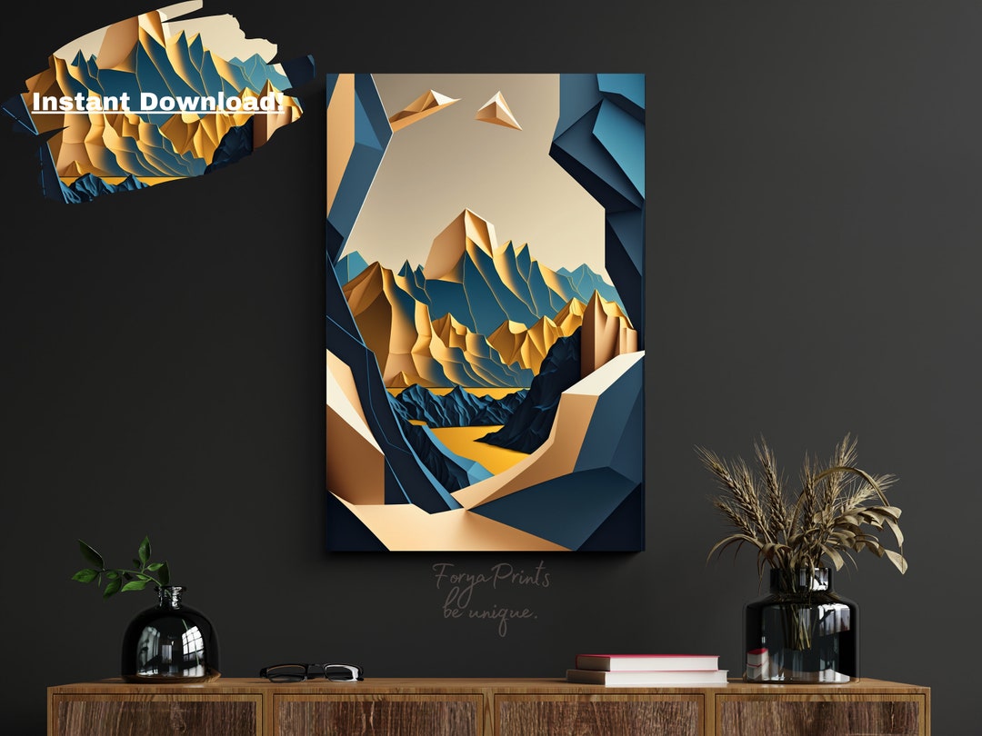 Polygon Landscape Art, Gold & Navy Blue, Golden Lake, Mountain Print ...