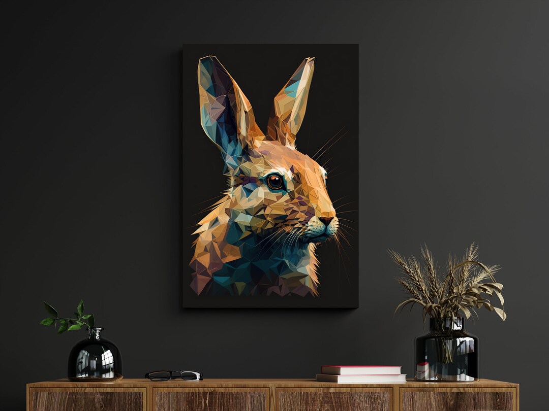 Polygon Rabbit Art, Black Background, Bunny Portrait, Printable Wall ...