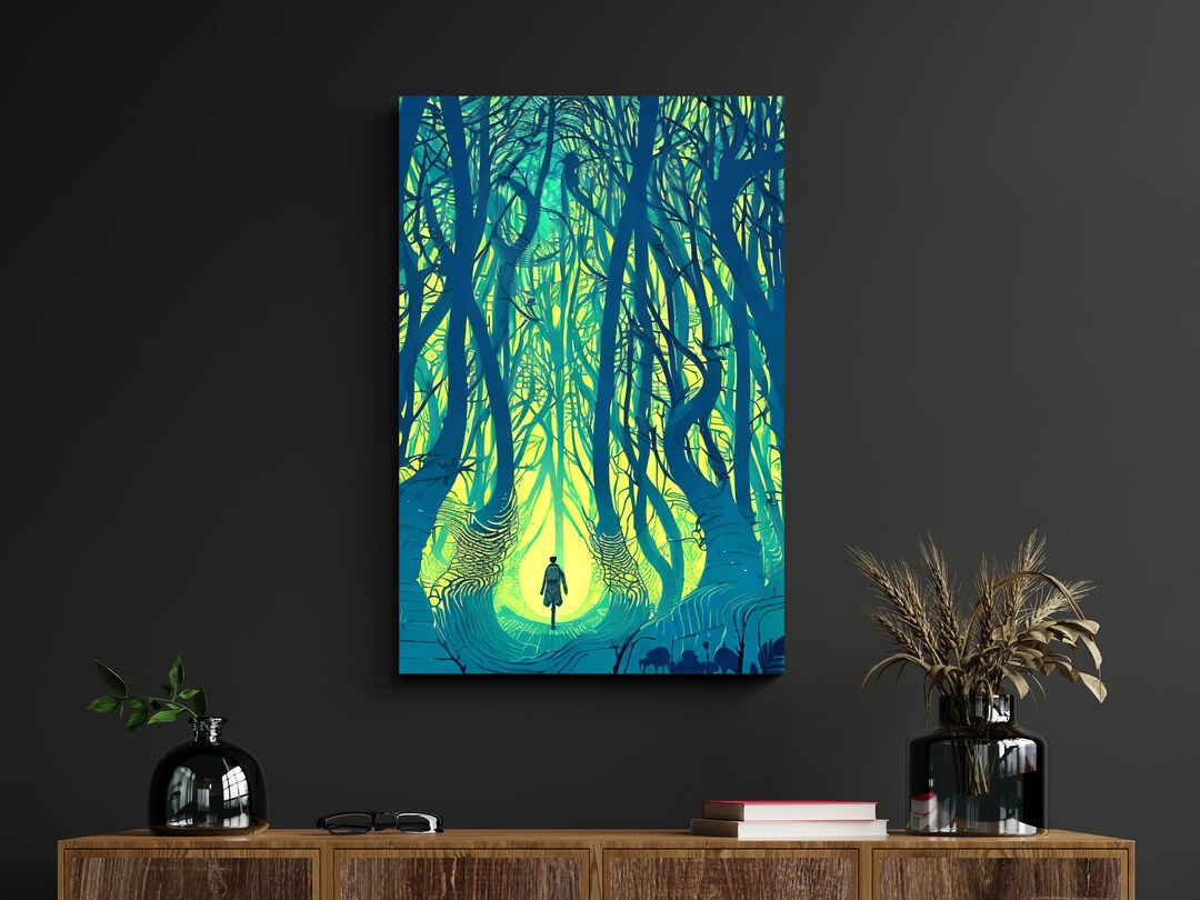 Golden Light Forest, Blue Trees, Abstract Nature Art, Modern Wall Decor ...
