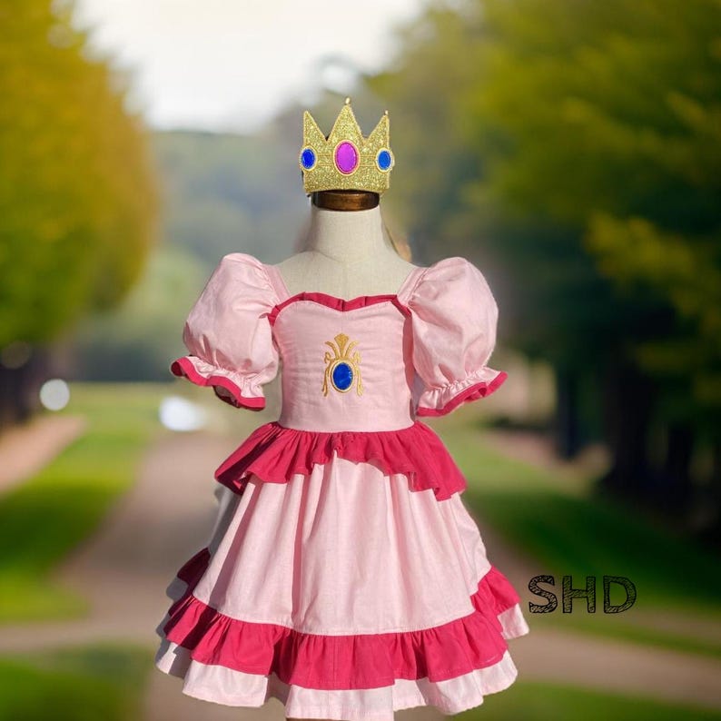 Girls Inspired Princess Peach Dress, Pink With Fuchsia Trim ...