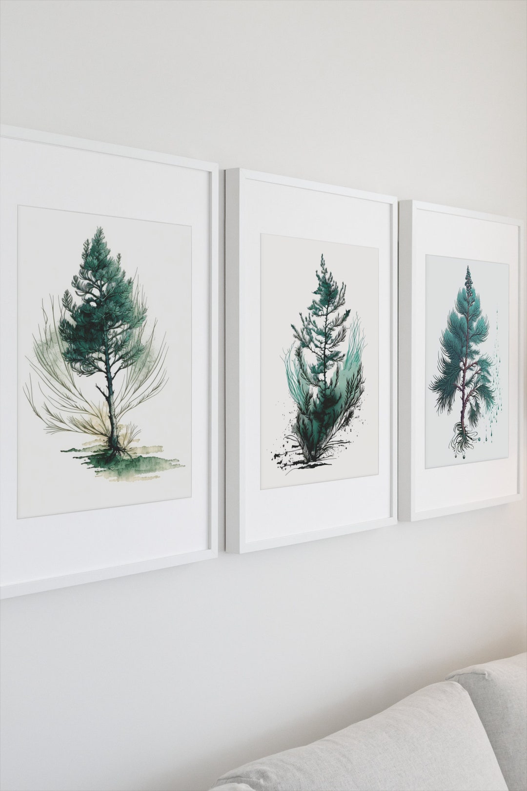 Boho Pine Tree 3 Art Prints Set, Greenery Watercolor, Evergreen ...
