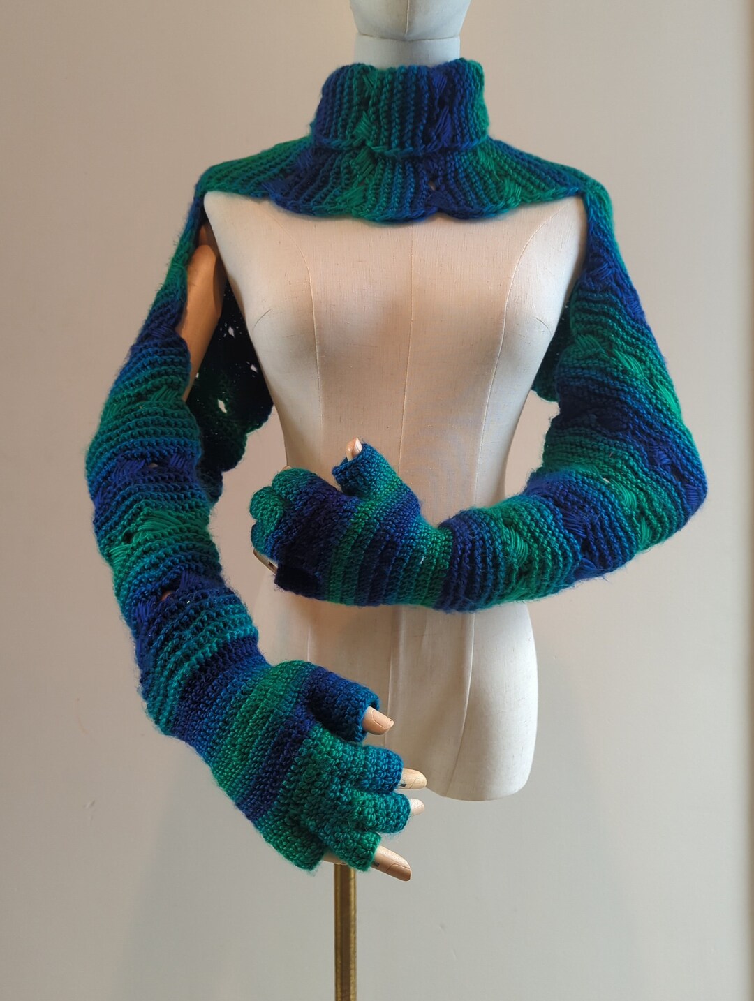 Unique Hand Knit Shrug, Arm Warmer With Crochet Gloves - Etsy