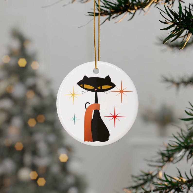 Mid-century Modern Atomic Cat Ceramic Ornament, Double-sided - Etsy