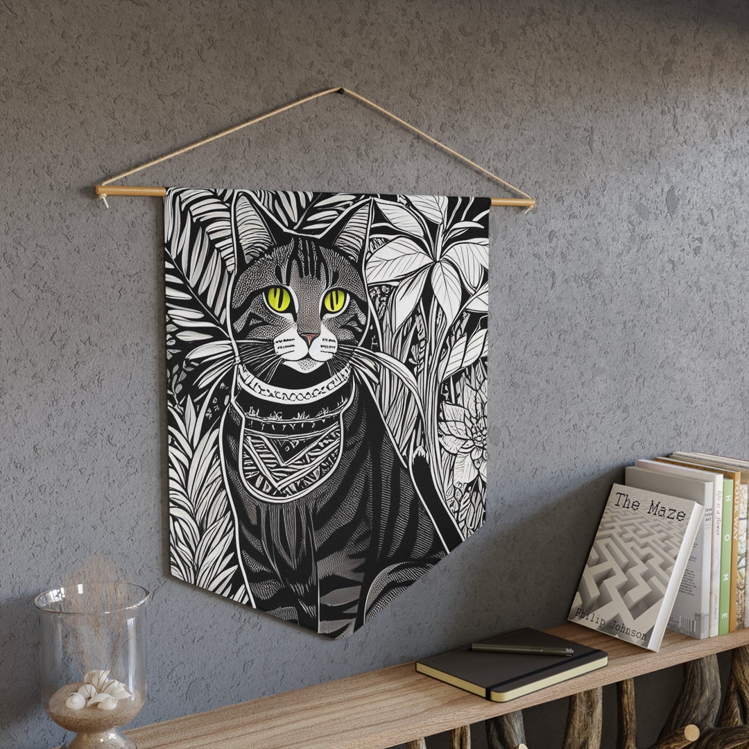 Black and White Cat Pennant, Line Style Cat Wall Hanging, Kitty Wall ...