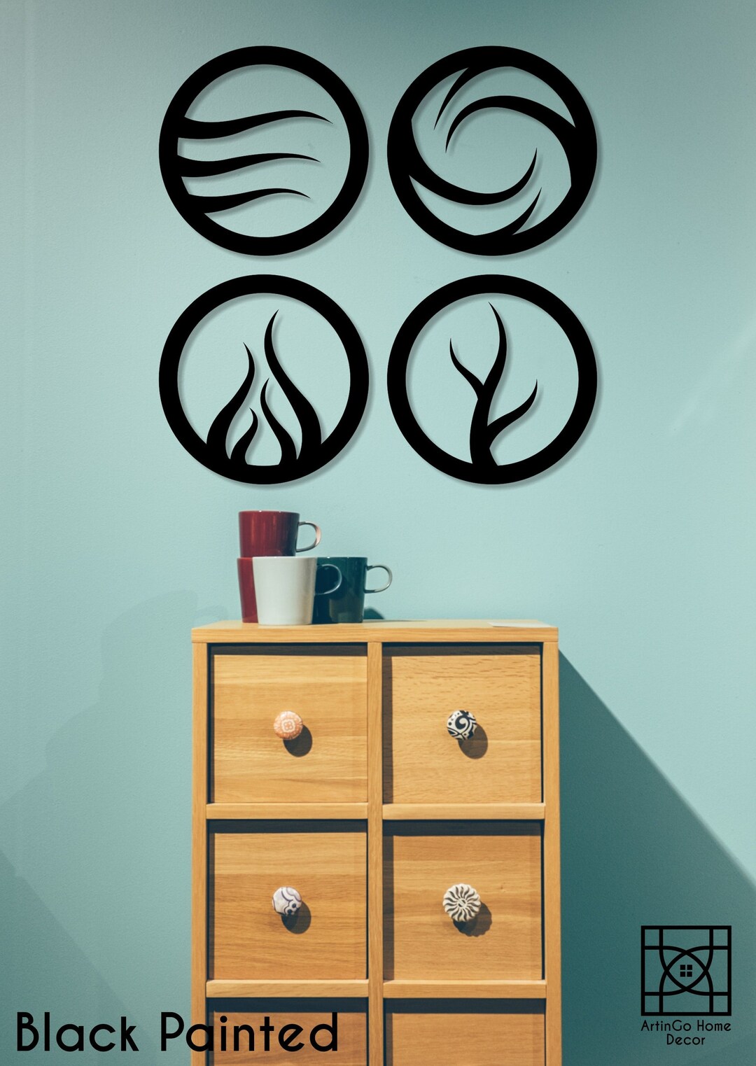 4 Elements Sign Wooden Wall Art, Natural Wood Veneer, Four Elements ...