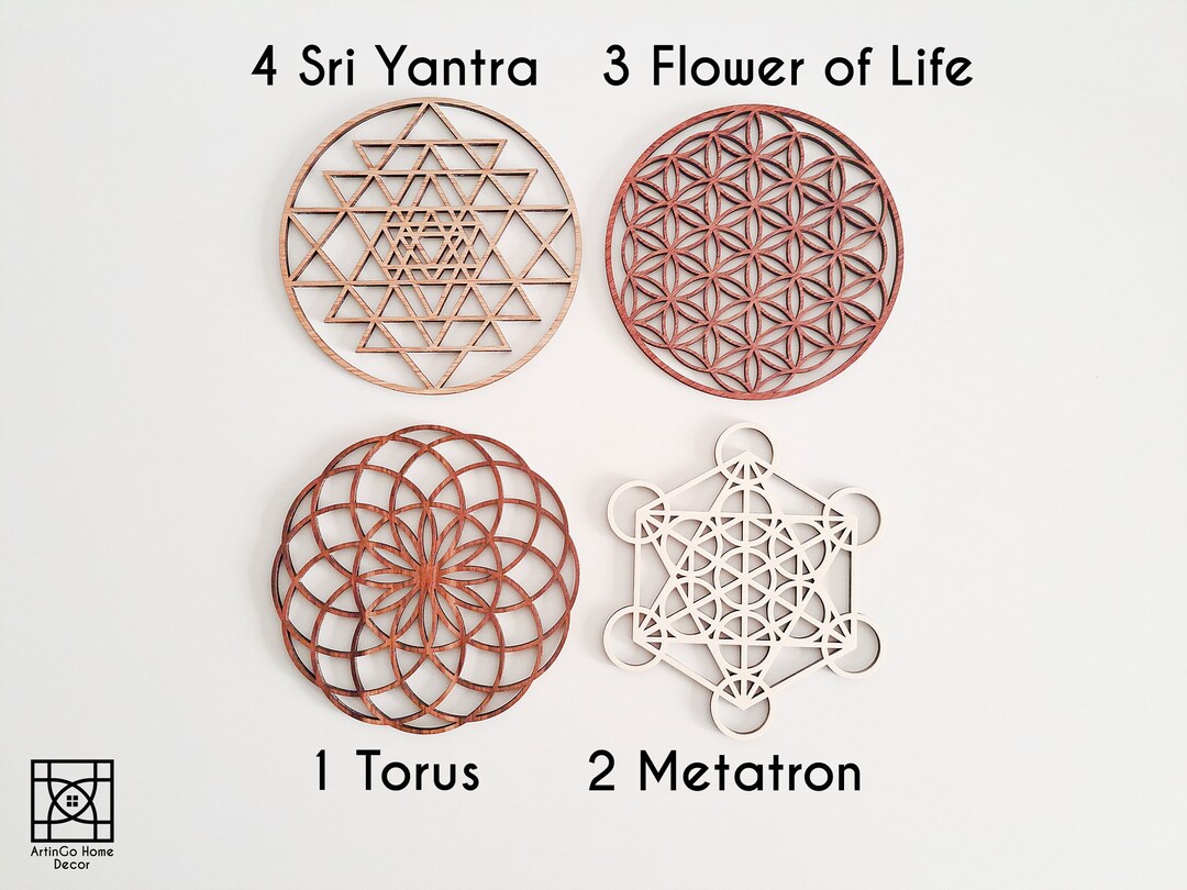 Flower of Life, Sri Yantra, Torus and Metatron Wooden Wall Art, Natural ...