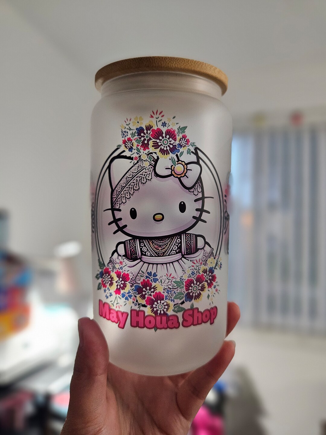 Hmong Hello Kitty 2 Different Designs 16oz Glass Cup W/bamboo Lid ...