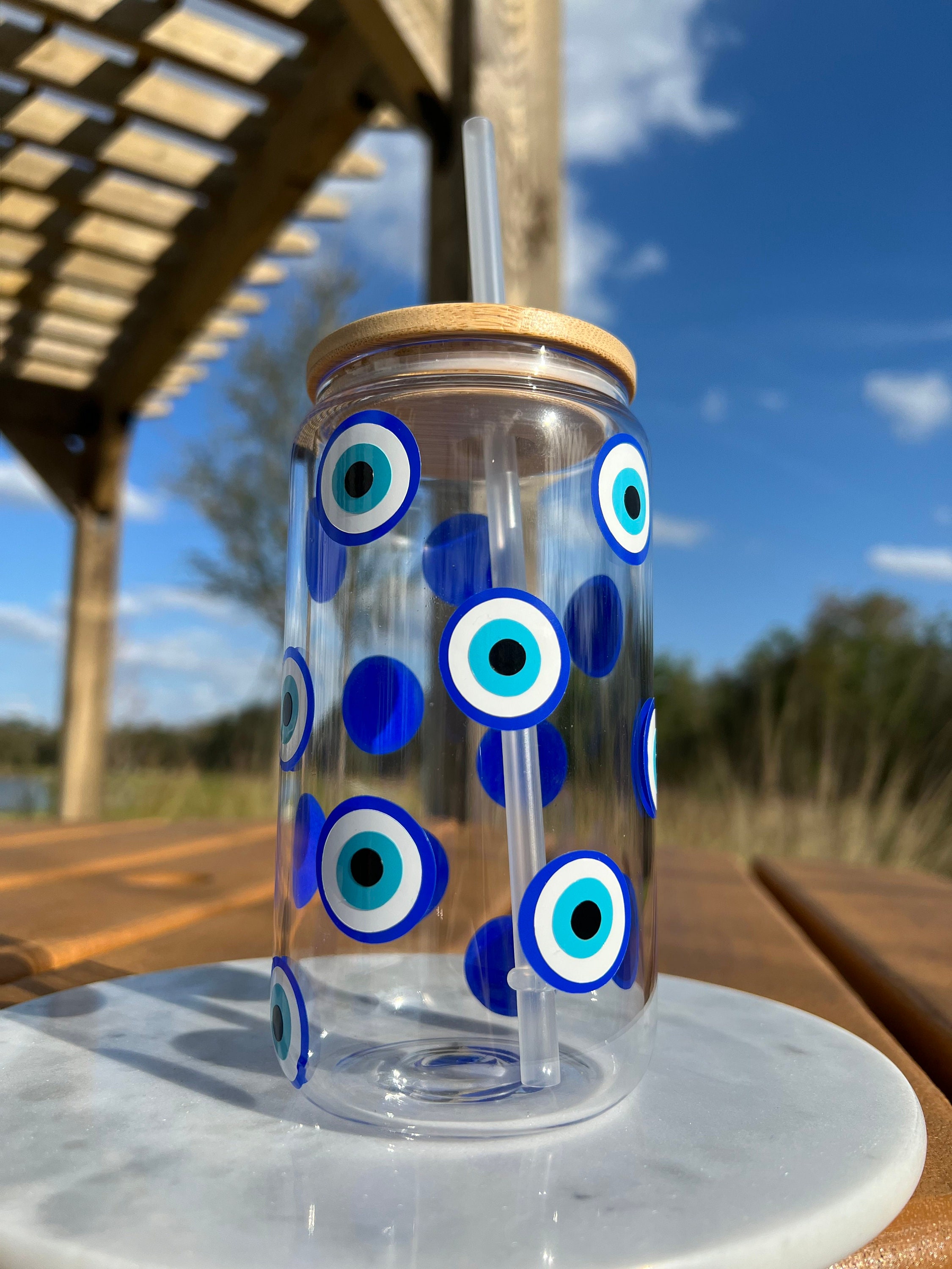 Evil Eye Glass Cup-16 Oz Beer Cup-evil Eye Coffee Cup-glass Jar-glass ...