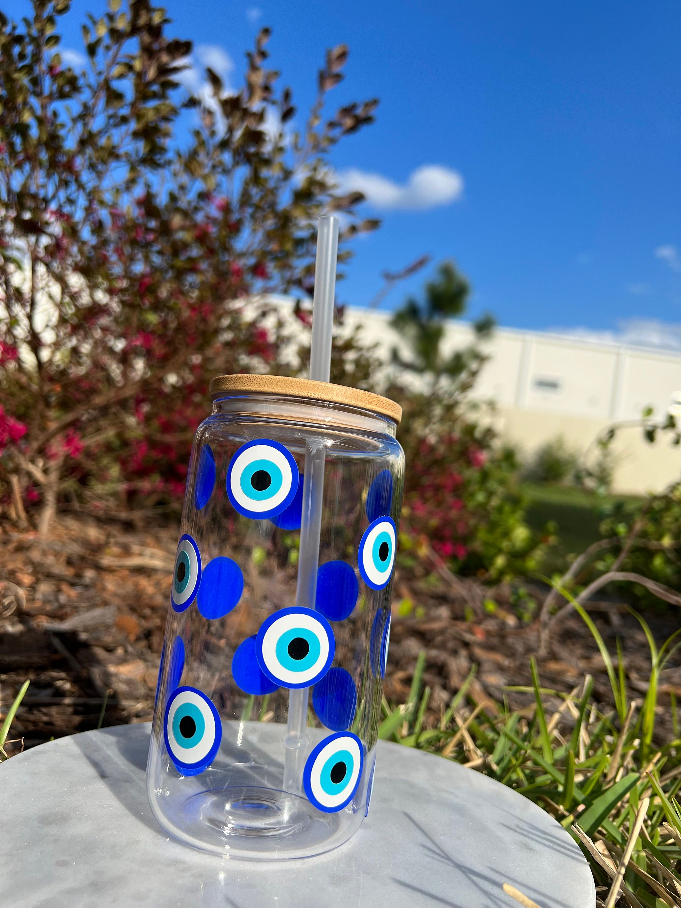Evil Eye Glass Cup-16 Oz Beer Cup-evil Eye Coffee Cup-glass Jar-glass ...