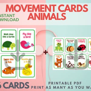 Animals Movement Cards, Printable Action Flashcards for Kids, Toddlers ...