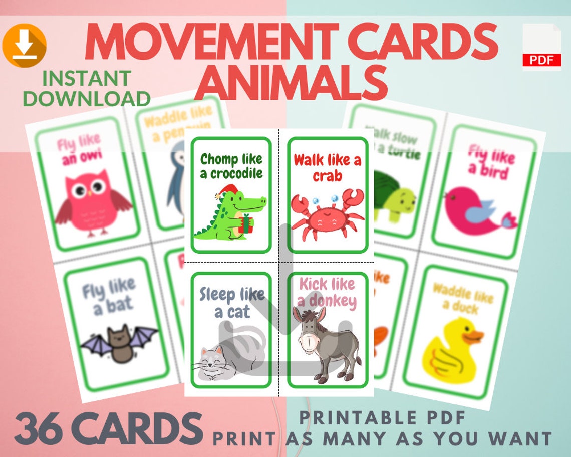 Animals Movement Cards, Printable Action Flashcards for Kids, Toddlers ...