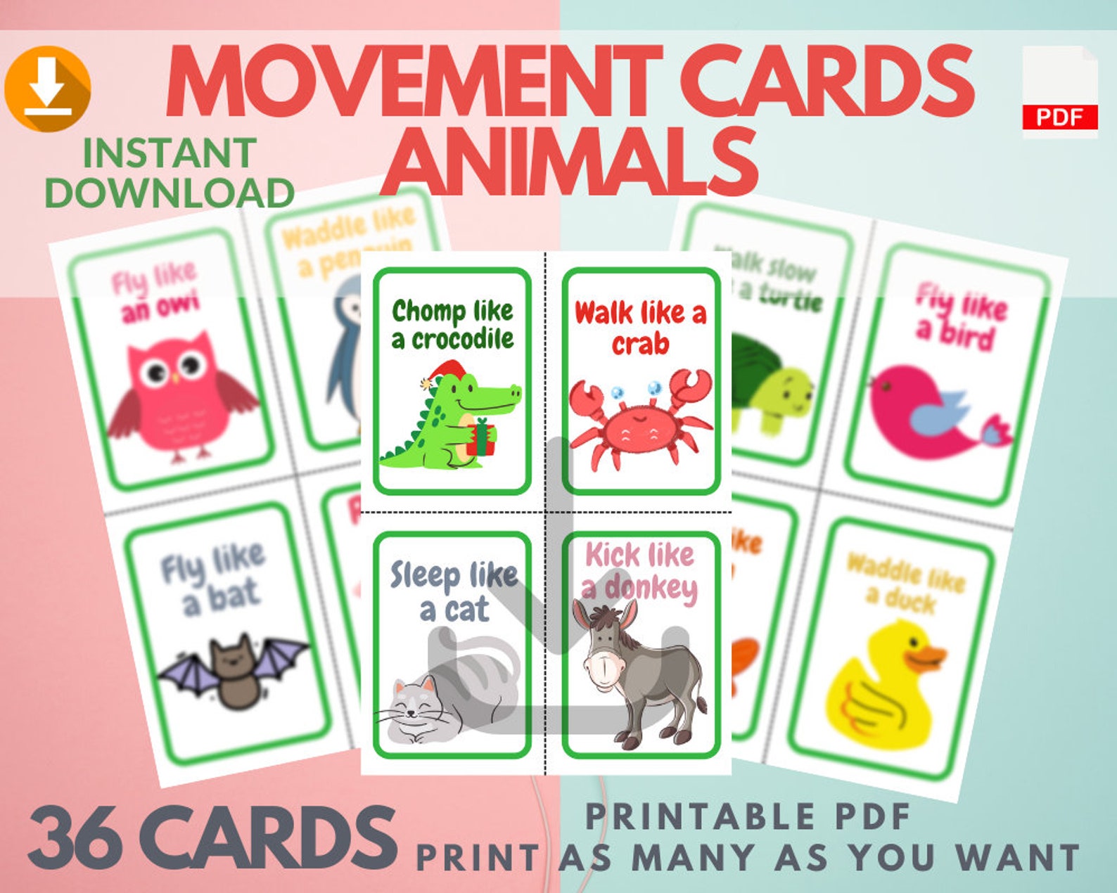 Animals Movement Cards, Printable Action Flashcards for Kids, Toddlers ...