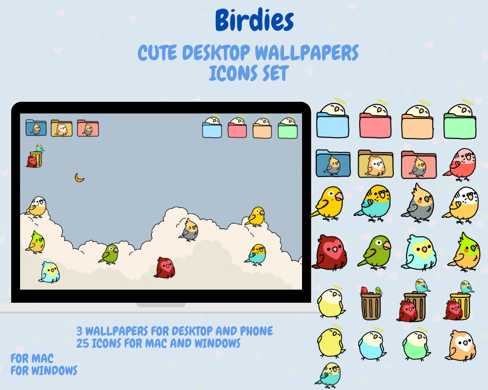 Birds Computer Desktop Wallpaper Icons, Kawaii Desktop Icons, Cute ...