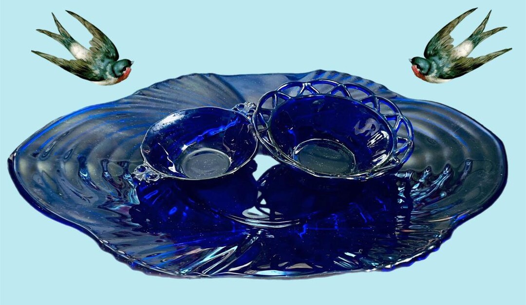 RARE Vintage Art Deco Cobalt Blue Glass Tray 21 Long With 2 Bowls 5 ...