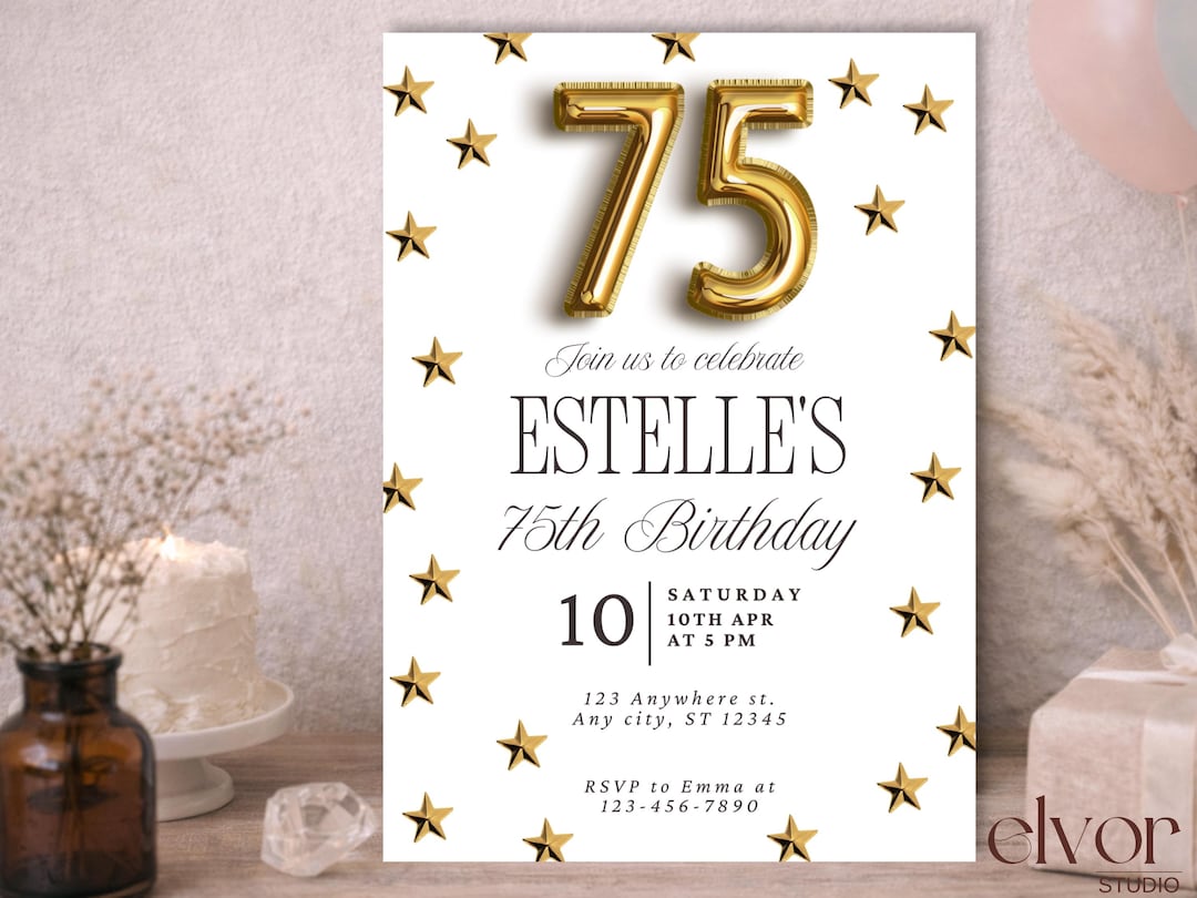Editable 75th Birthday Invitation, Elegant Surprise Party Invite ...