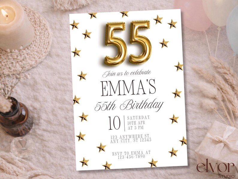 Editable 55th Birthday Invitation, Elegant Surprise Party Invite ...