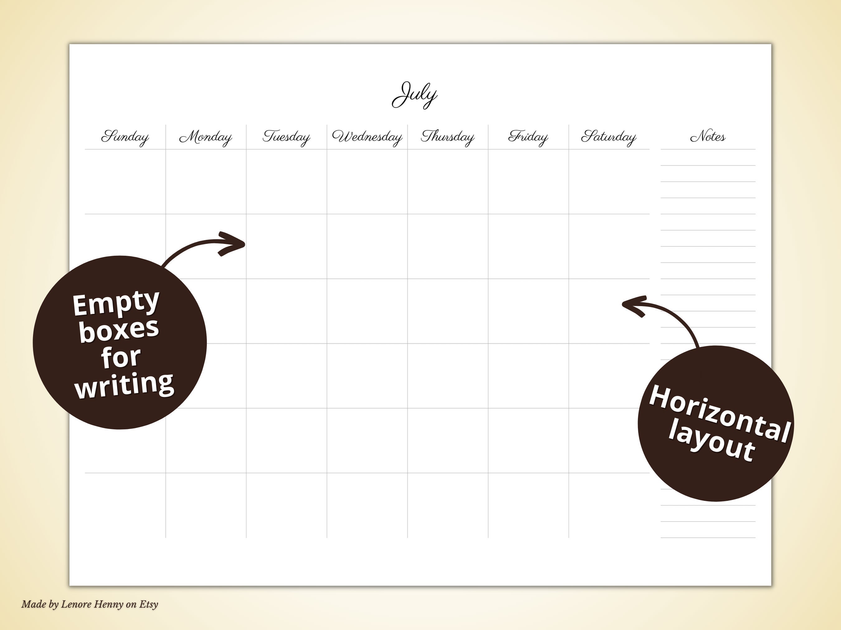 Blank Undated Monthly Calendar With Sunday Start and Side Notes. Simple ...