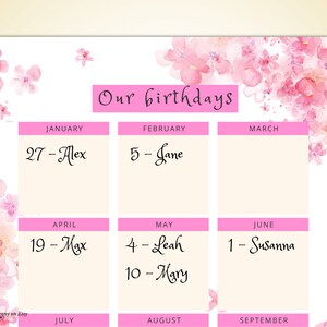 Printable Birthday Calendar for Family, Work, Classroom or Friends ...