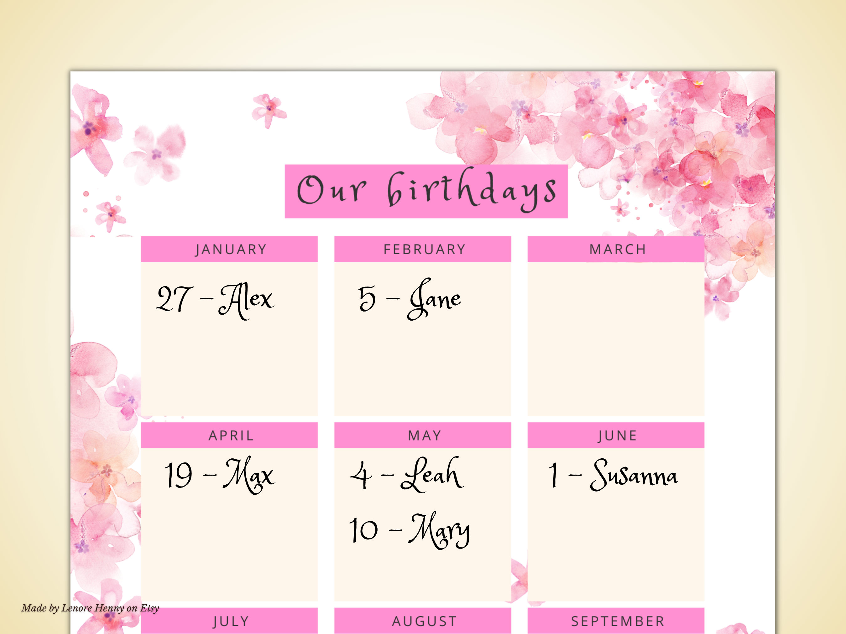 Printable Birthday Calendar for Family, Work, Classroom or Friends ...
