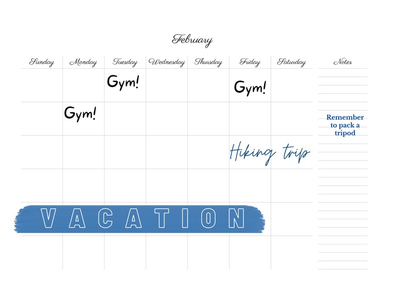 Blank Undated Monthly Calendar With Sunday Start and Side Notes. Simple ...