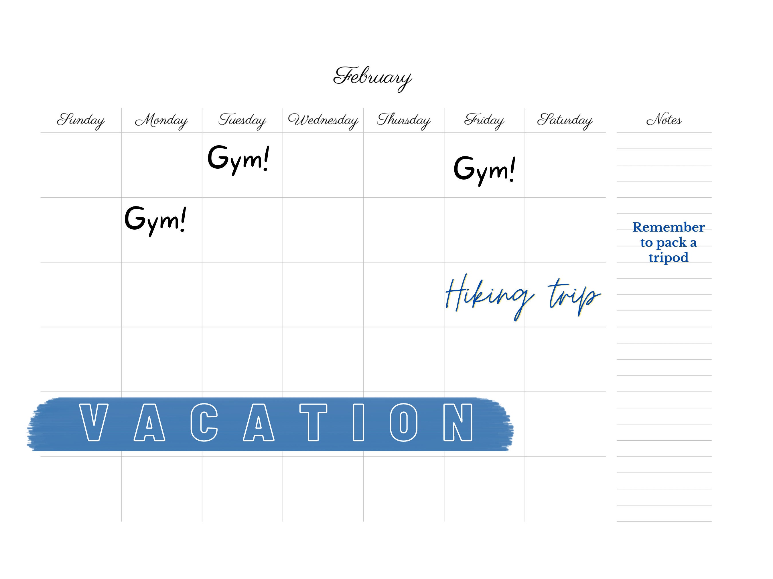 Blank Undated Monthly Calendar With Sunday Start and Side Notes. Simple ...