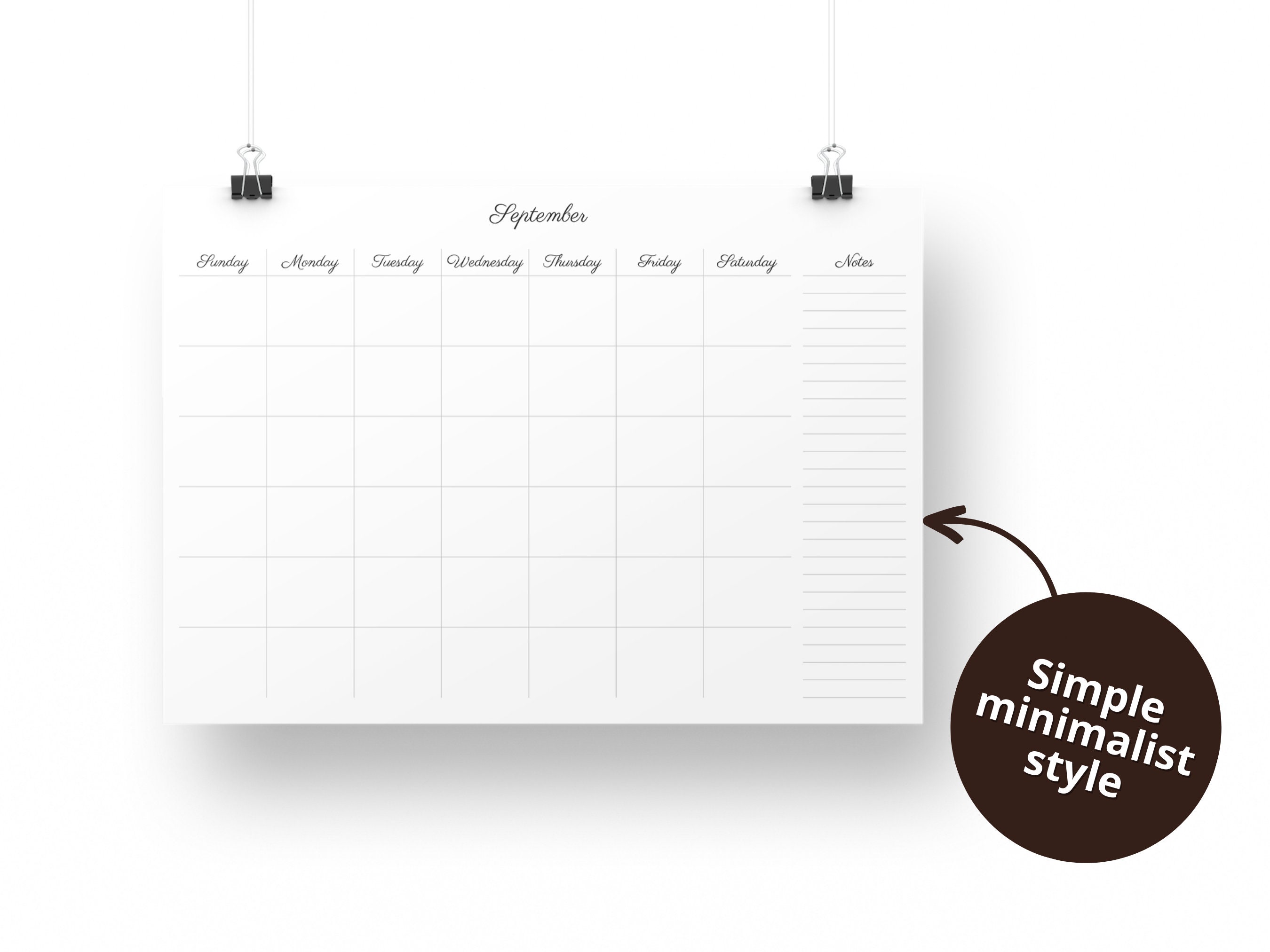 Blank Undated Monthly Calendar With Sunday Start and Side Notes. Simple ...