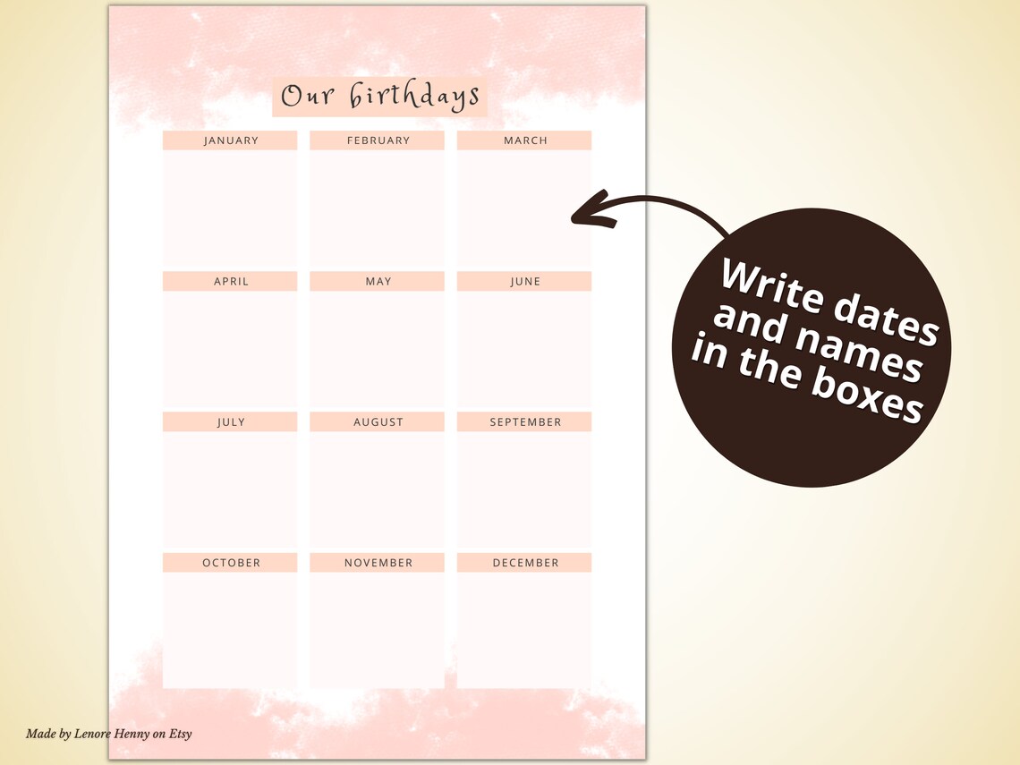 Printable Birthday Calendar for Family, Work, Classroom or Friends ...