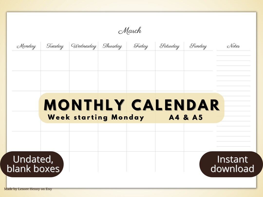 Blank Undated Monthly Calendar With Monday Start and Side Notes. Simple ...