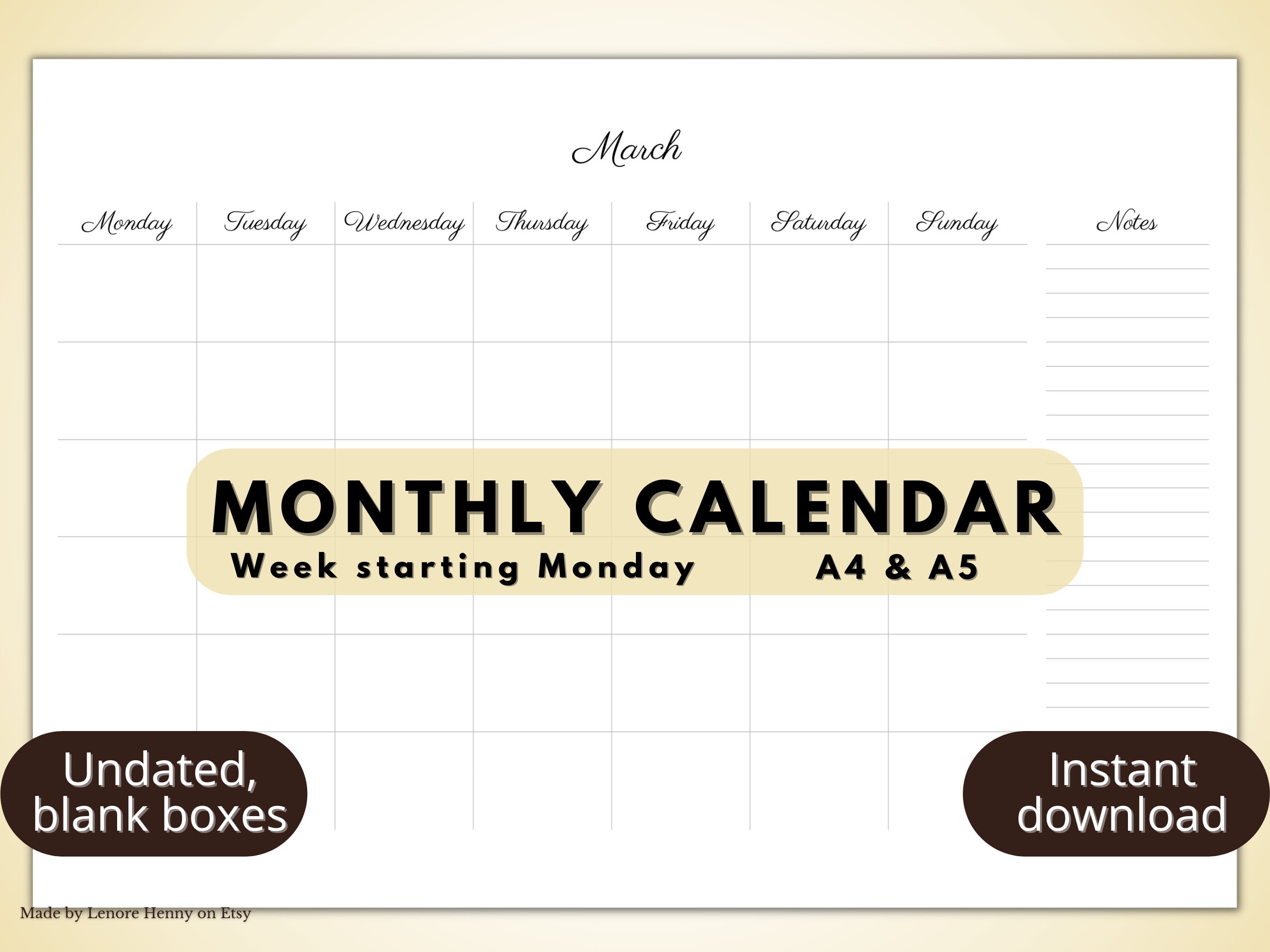 Blank Undated Monthly Calendar With Monday Start and Side Notes. Simple ...