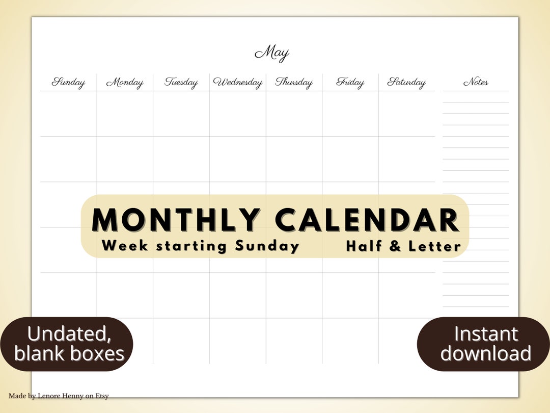Blank Undated Monthly Calendar With Sunday Start and Side Notes. Simple ...
