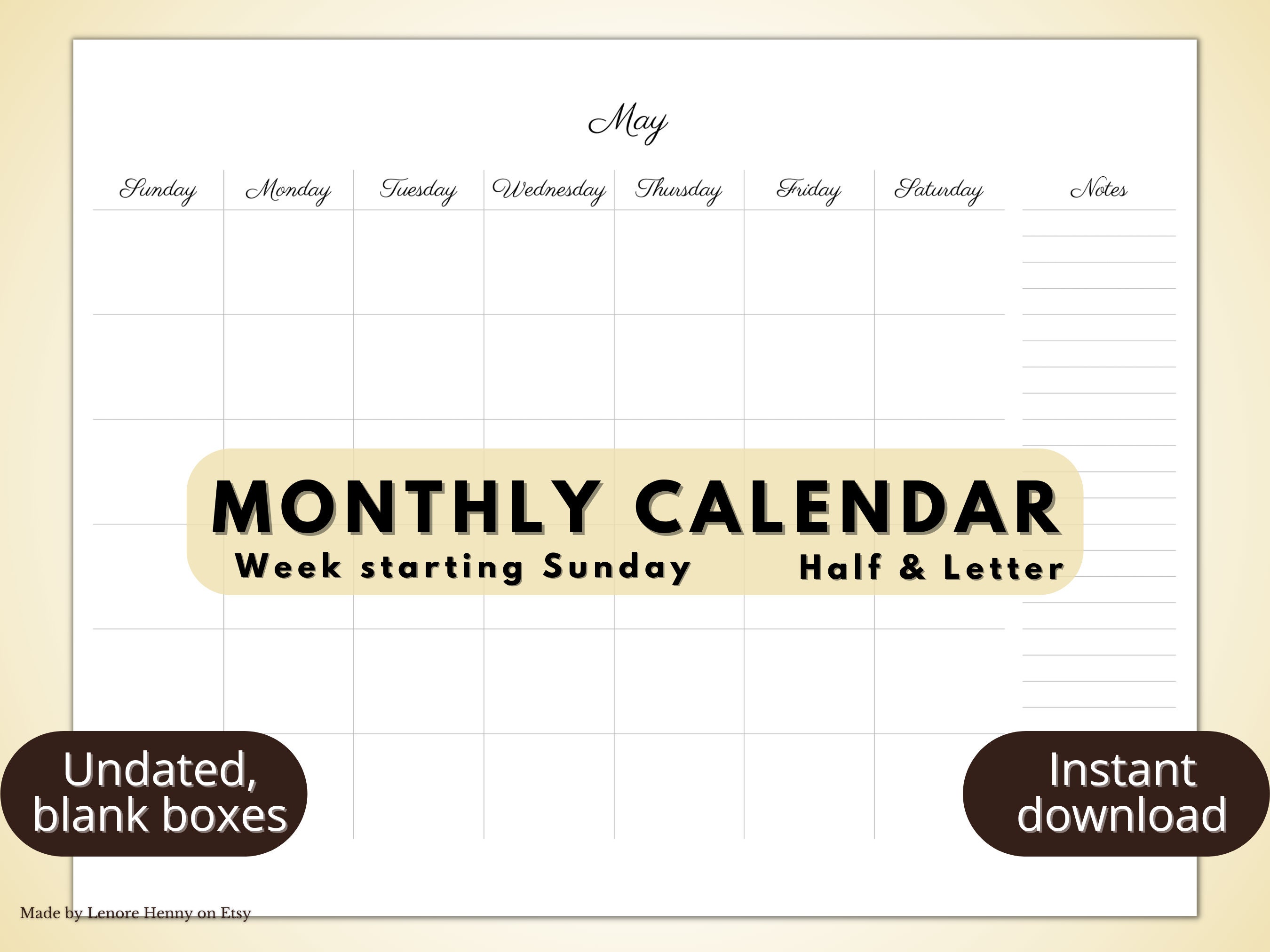 Blank Undated Monthly Calendar With Sunday Start and Side Notes. Simple ...