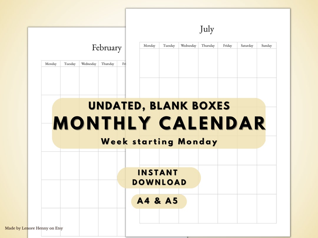Undated Blank Monthly Calendar With Monday Start. Simple Minimalistic ...