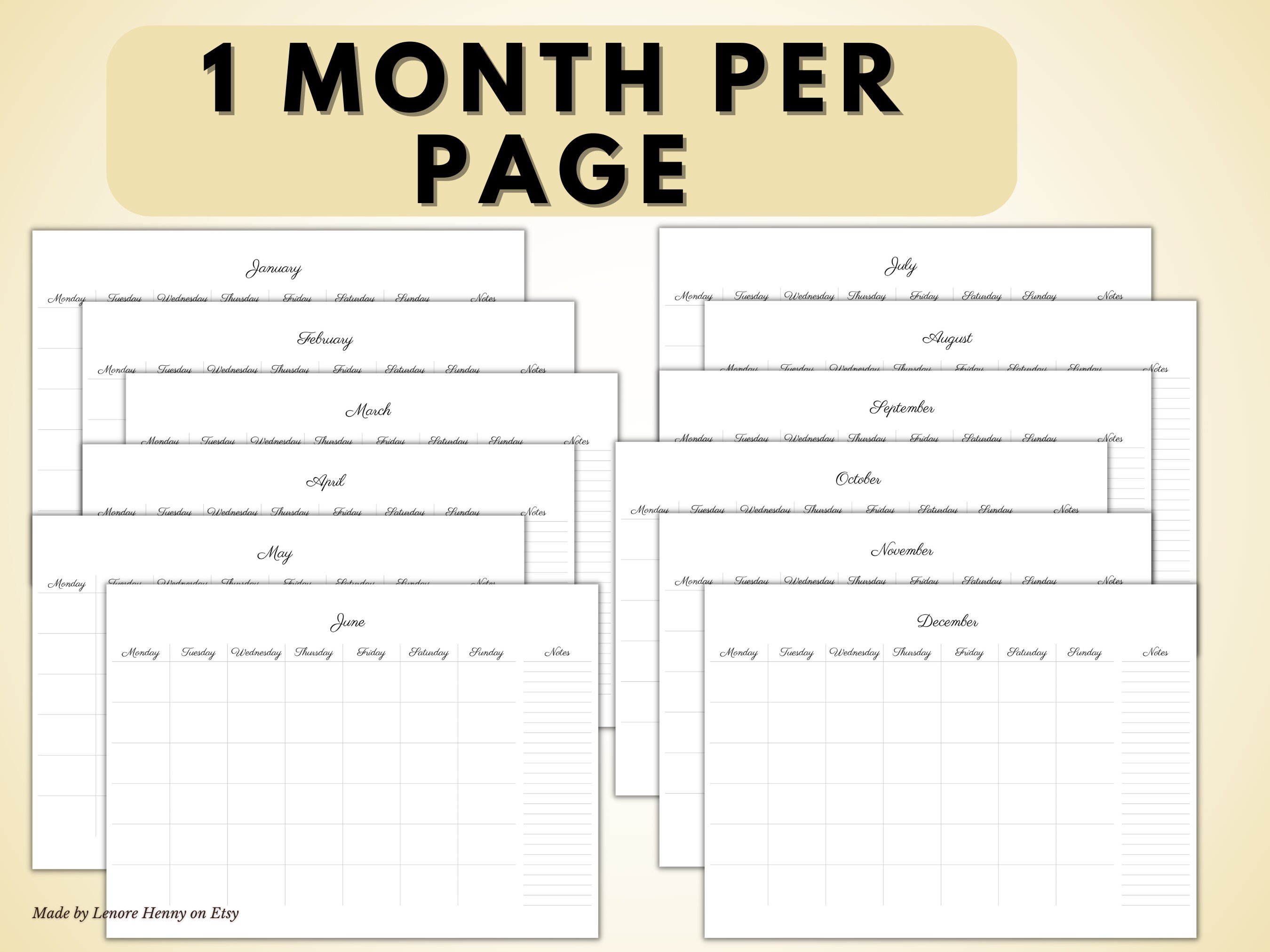 Blank Undated Monthly Calendar With Monday Start and Side Notes. Simple ...