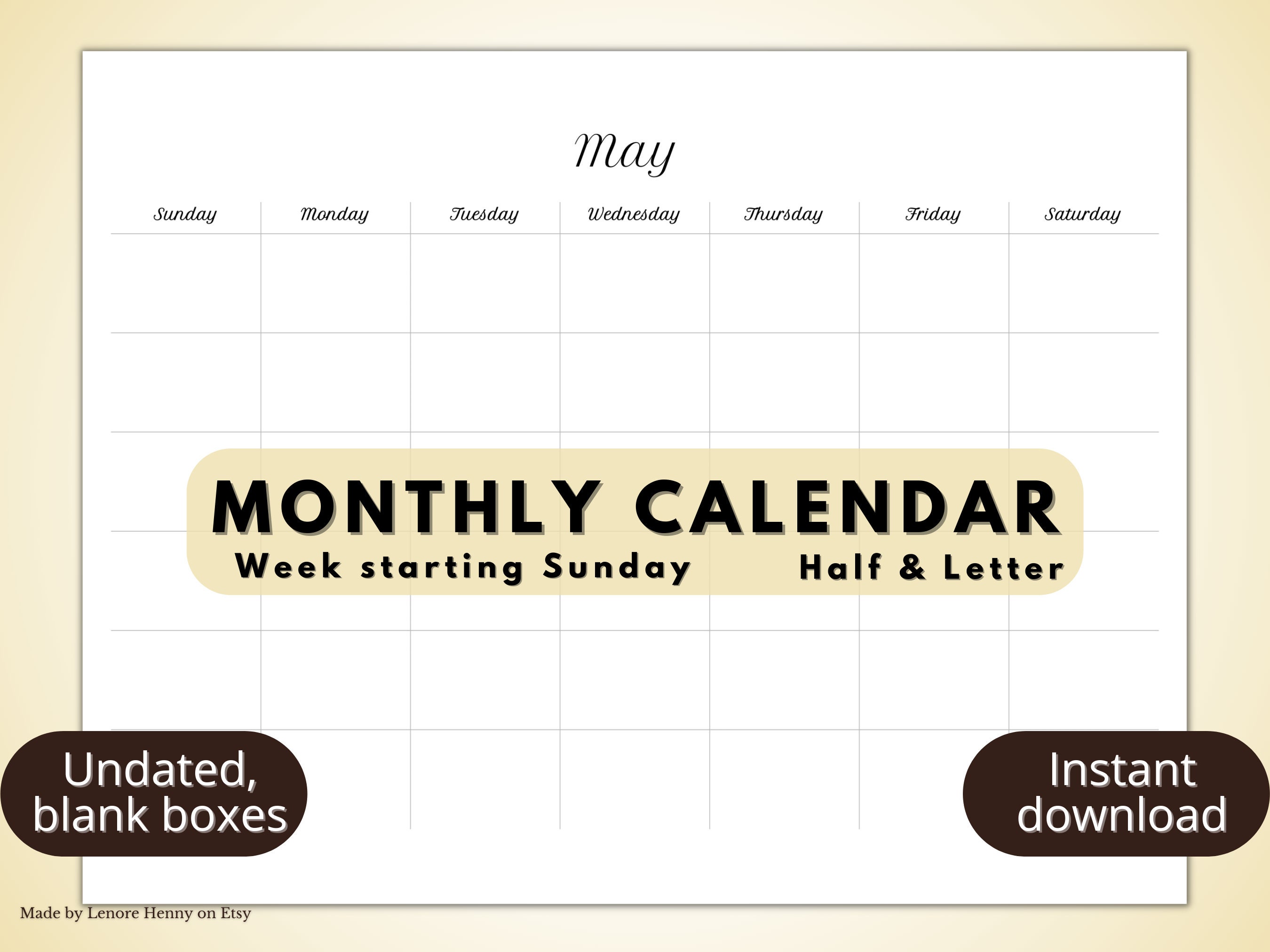 Minimalistic Blank Monthly Calendar With Sunday Start. Simple Undated ...